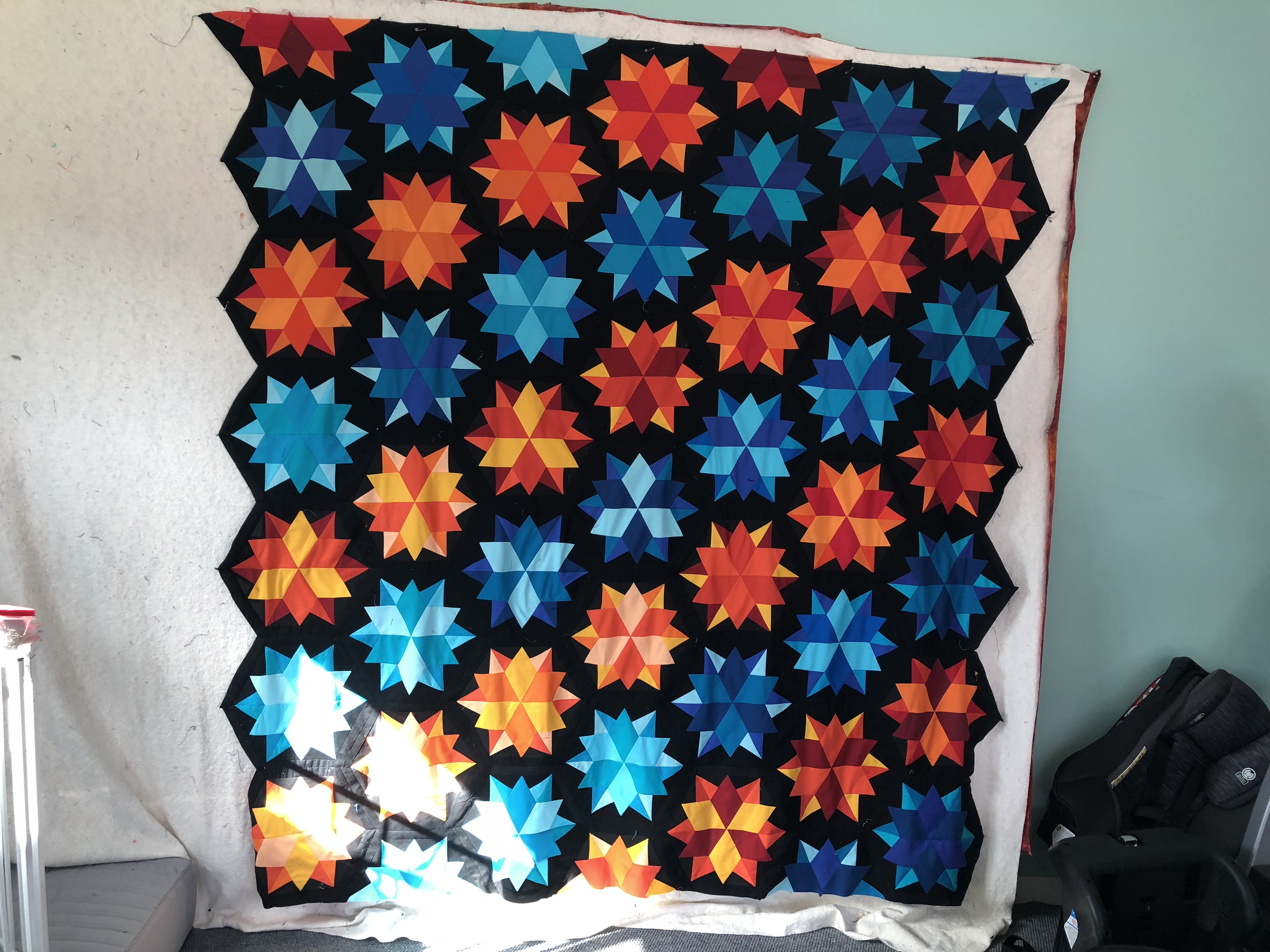 cyan and orange night sky quilt